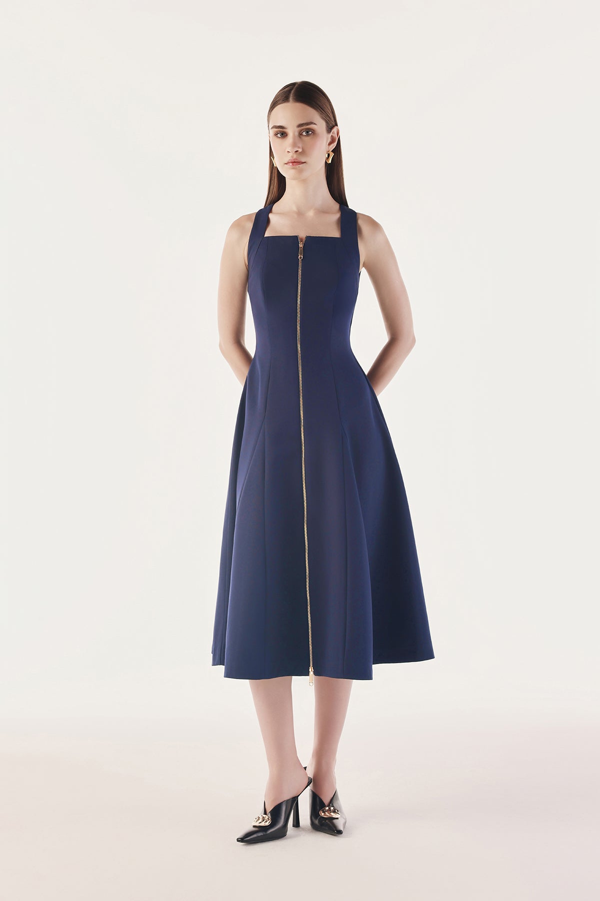 NÉANT Dark Indigo Denim Midi Dress for Women – Square Neck Fit & Flare ...